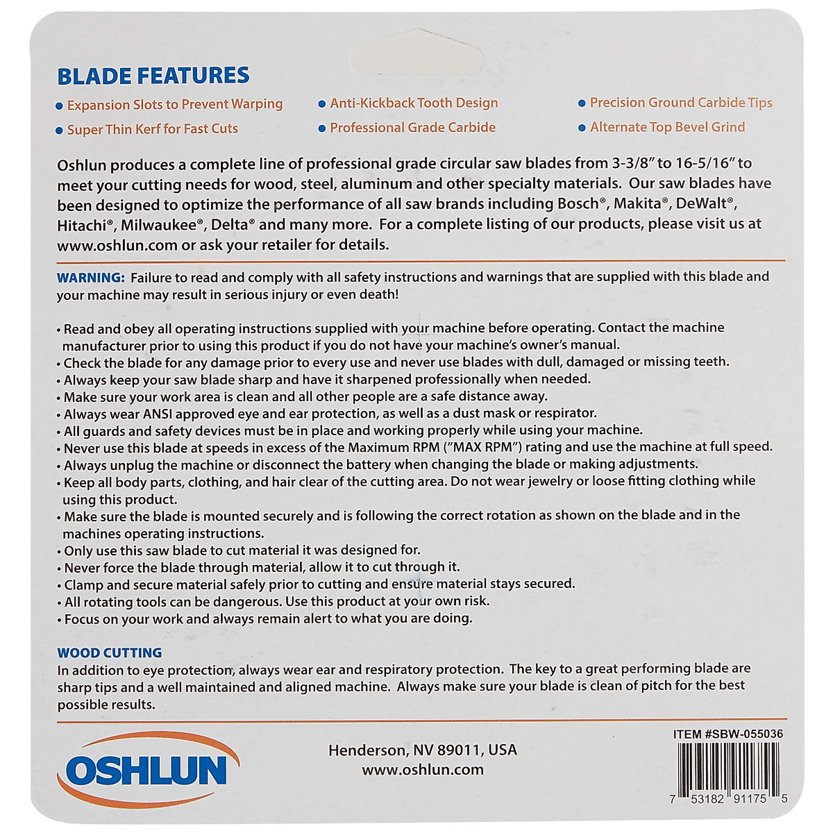 Oshlun SBW-055036 5-1/2-Inch 36 Tooth ATB Finishing and Trimming Saw Blade with 5/8-Inch Arbor (1/2-Inch and 10mm Bushings)