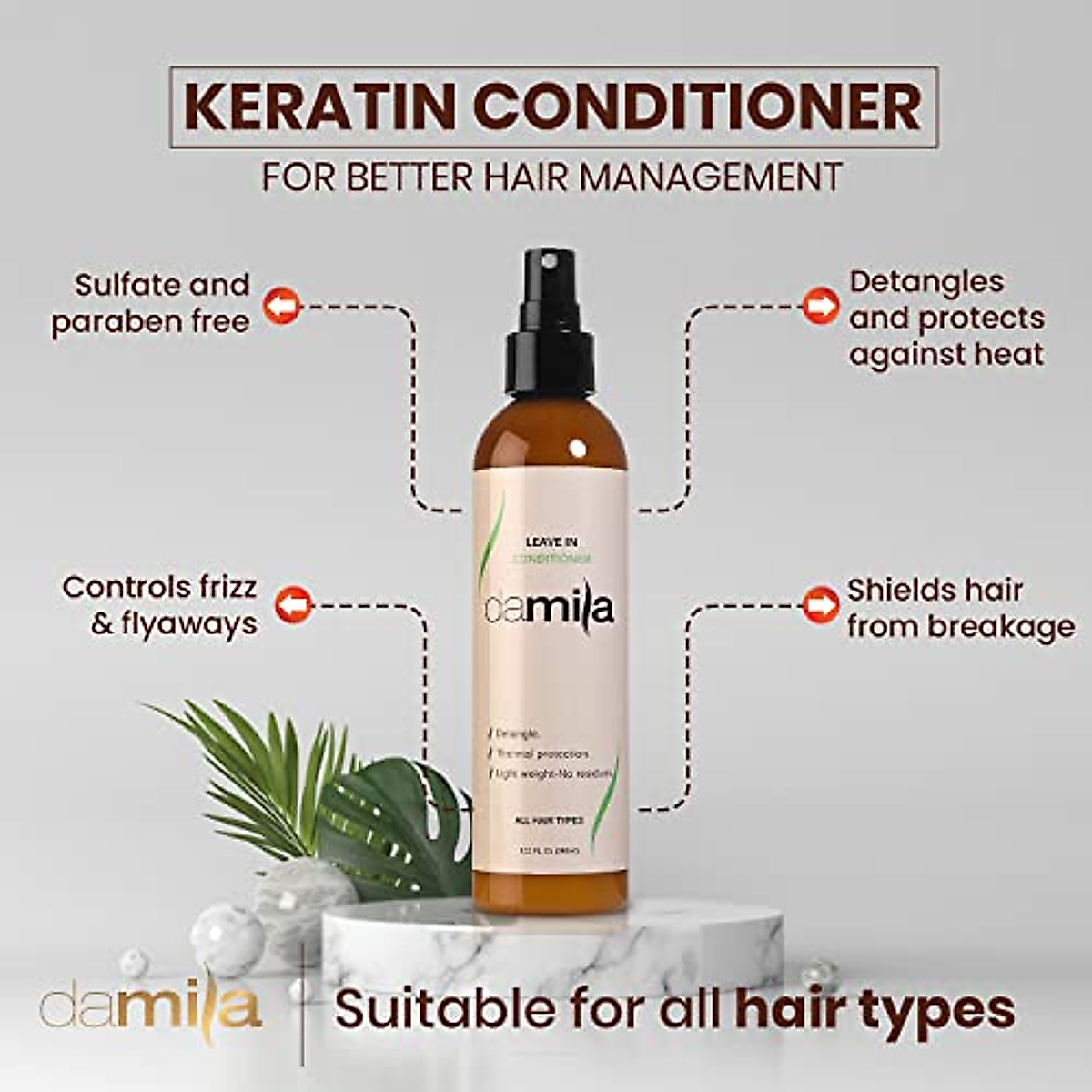 damila Keratin Leave In Conditioner Spray for Fine, Dry, Damaged and Curly Hair - Detangles and Protects Against Heat - Sulfate and Paraben Free (8.12 Fl Oz (Pack of 1))