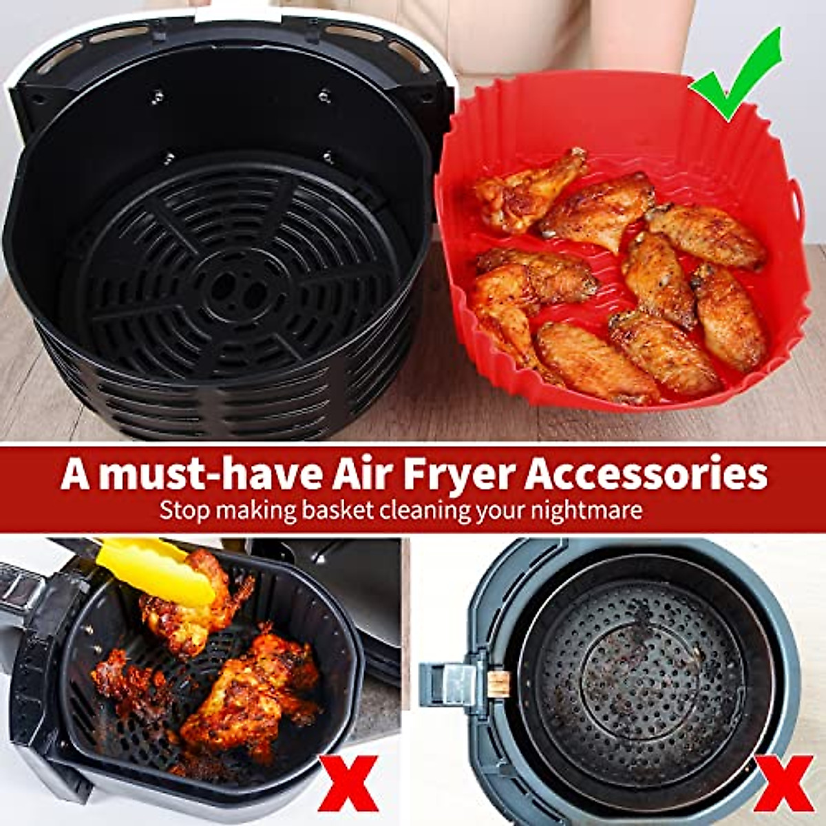 MaMix Silicone Air Fryer Liners 2 pack，8 inch Reusable Air Fryer Pot for 4 to 7 QT Air Fryer Inserts for Oven Microwave Accessories (Red+Grey)
