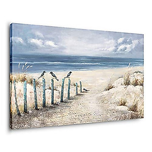 Yihui Arts Beach Canvas Wall Arts with Textured 3D Seascape Blue Oil Painting Abstract Coastal Picture Modern Ocean Artwork for Living Room Bedroom Bathroom Decor