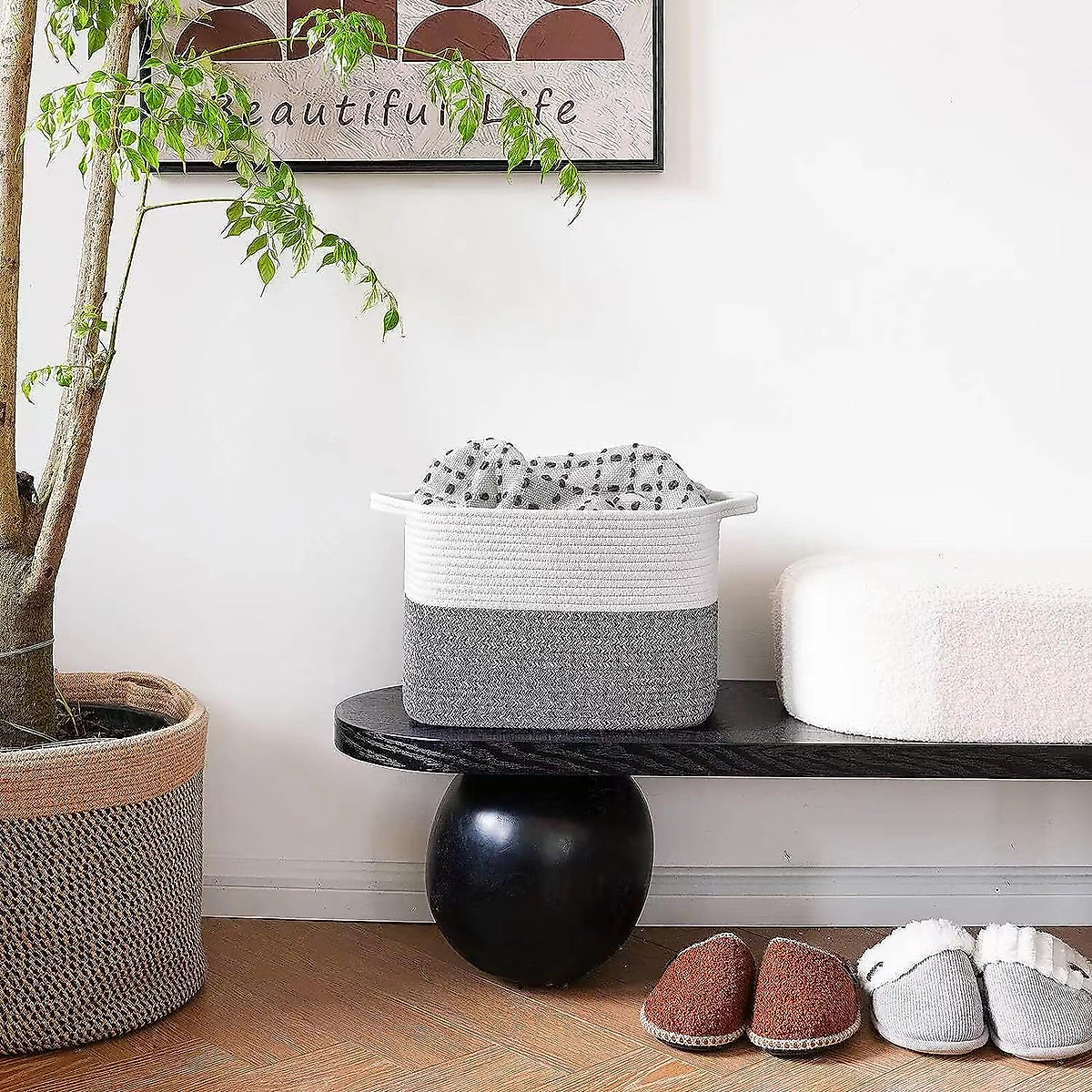 Poschnor 2 Pack Woven Rope Basket with Handles, 15''X10''X9'' Storage Bins Basket, Basket for gifts, Basket for Living Room, Storage Organizer for Towels, Closets, Books, Toys, Grey/White.