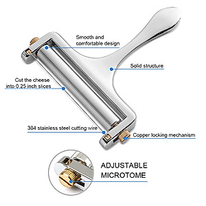 NANEEZOO Cheese Slicer, Adjustable Thickness Heavy Duty Stainless Steel Cheese Slicers With Wire for Soft & Semi-Hard Cheeses - 4 Replacement Stainless Steel Cutting Wire Included (Silver)