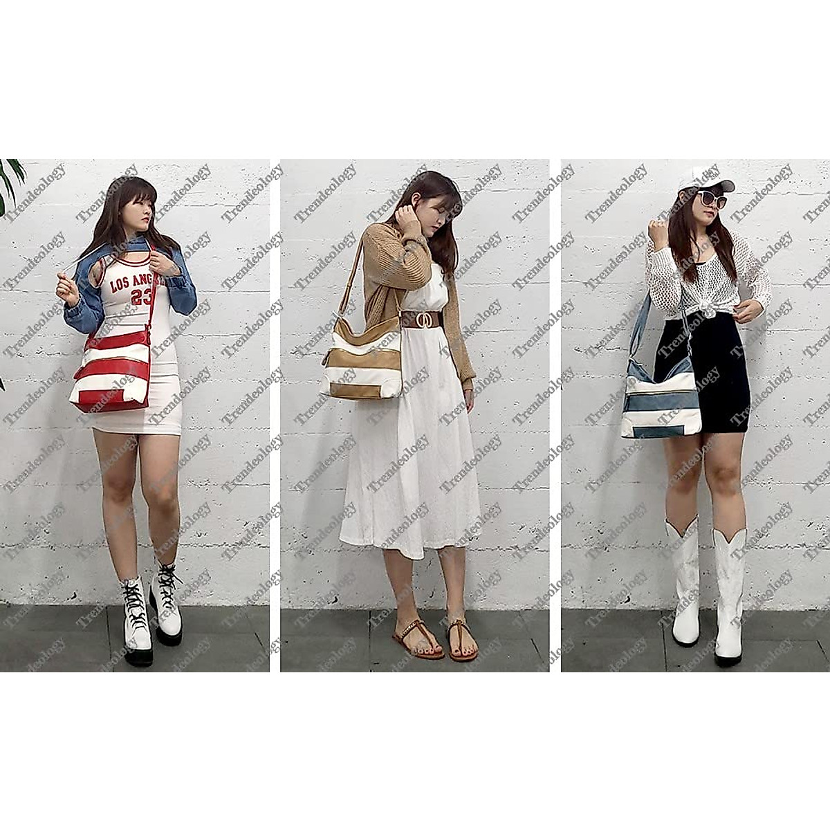 Adjustable Strap Soft Vegan Leather Front Pocket Large Hobo Handbag Crossbody Purse (Stripe - Blue/White)