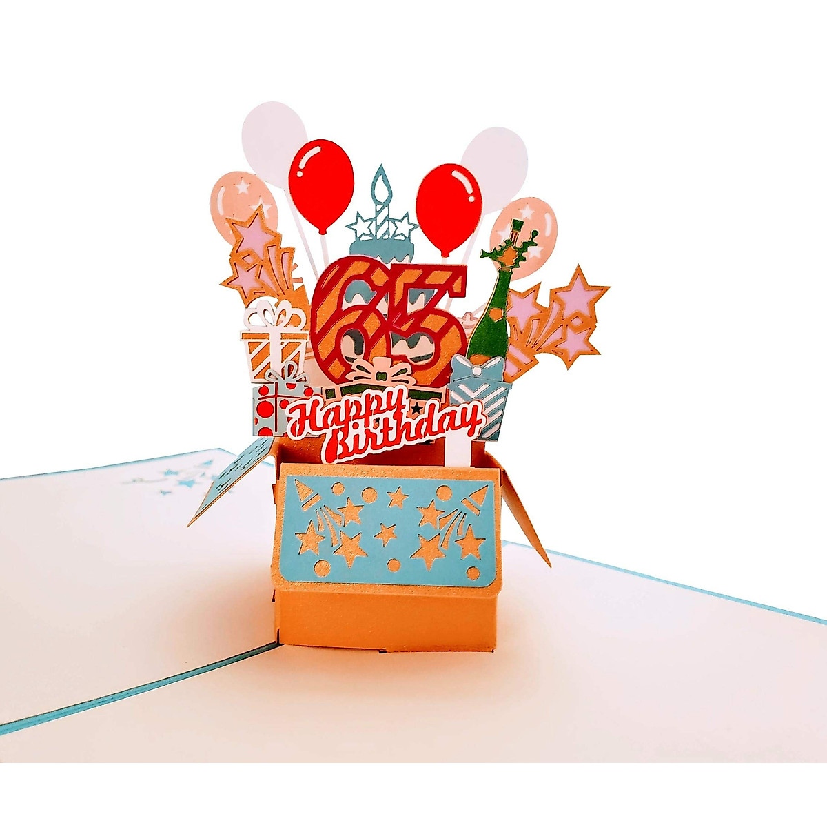 iGifts And Cards Happy 65th Blue Birthday Party Box 3D Pop Up Greeting Card – Sixty-Five, Awesome, Balloons, Unique, Celebration, Presents, Feliz Cumpleaños, Fun, Mom, Dad