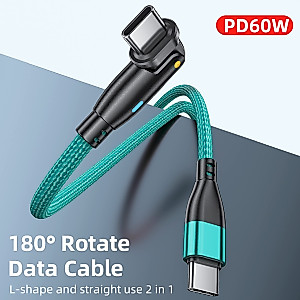 Aporia - PD 60 Watt Type C to C USB Cable Fast Charging Data Transfer 180 Degree Rotating Right Angle Head (Green, 6ft)