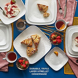 Corelle Cherish 16pc, Service for 4, Dinnerware Set, 8 plates 8 bowls, Chip & Break Resistant, Dinner Plates and Dinner Bowls, Corelleware Plates, White