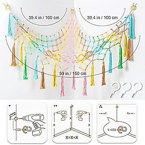 Dremisland Stuffed Animal Toy Hammock with Fairy Lights Macrame Rainbow Toy Net Hammock with Wood Beads Tassels-Stuff Animals Organizer Storage Toy Net Holder for Nursery Play Room, Kids Bedroom