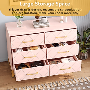 GarveeHome Dresser for Bedroom with 6 Drawer Double Dressers, Modern Wooden Dresser Chest, Beside Table for Closet, Nursery, Living Room, Pink
