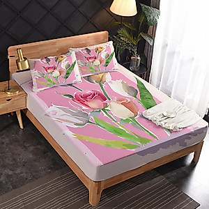 zcsm Tulip Sheets Full Size Sheet Sets - Floral Bed Sheets, Soft Microfiber & Deep Pocket & Wrinkle Free Patterned Bedding Sheets & Pillowcases, 4 Piece (1 Fitted Sheet, 1 Flat Sheet, 2 Pillow Cases)