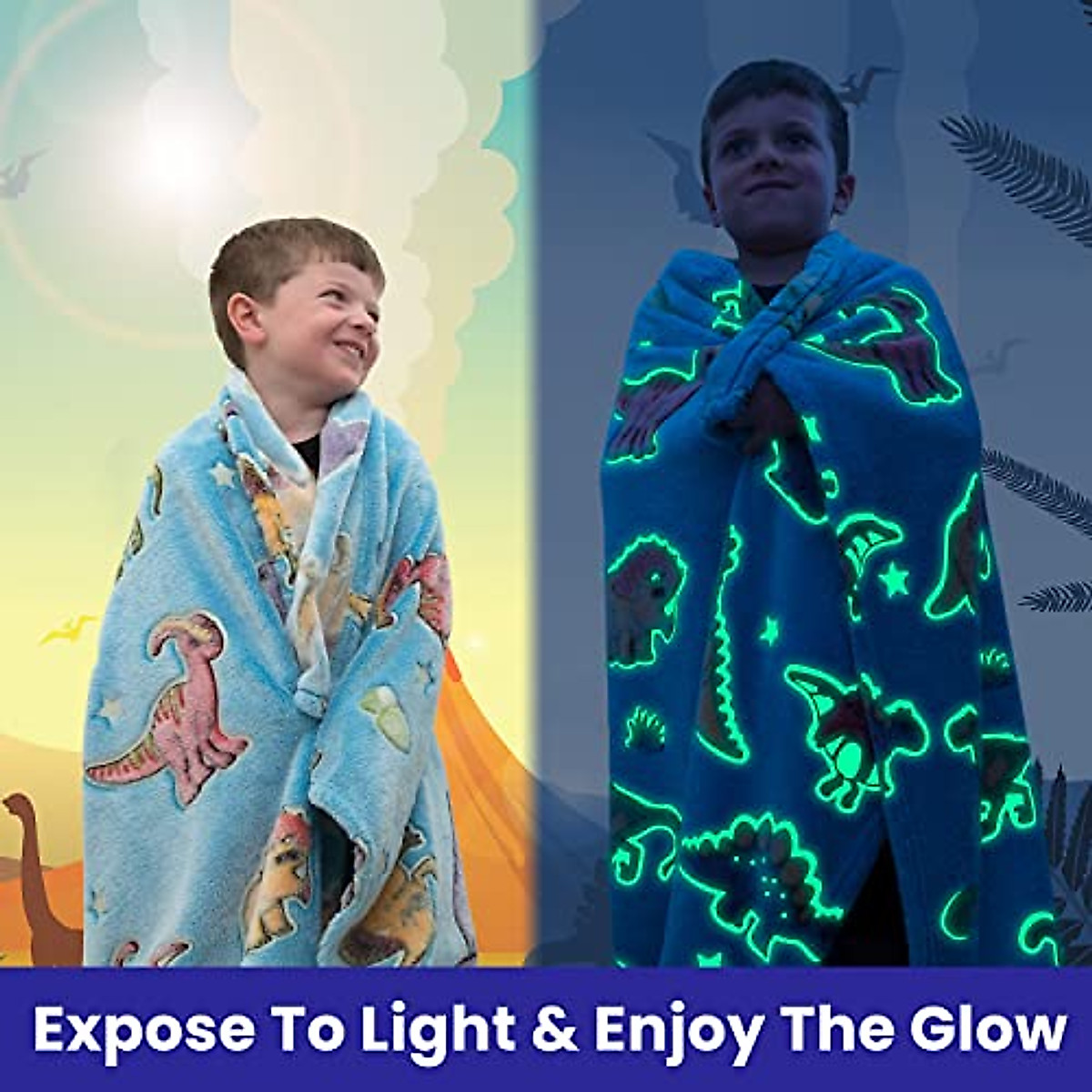 Glow in The Dark Blanket Dinosaur Throw Blanket for Boys Kids Soft Warm Cozy Furry Cute Dino Blanket, Valentines Day Gifts, Glowing Dinosaur Room Decor Blankets for Girls,Grandkids, Blue, 50" x 60"