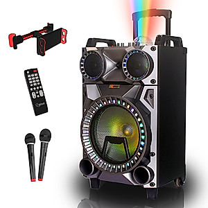 Portable Bluetooth Party Speaker and Karaoke Machine with 2 Wireless Mics, Disco Ball, LED Lights, Handle and Wheels, FM Radio. Loud Party Sound System, Rechargeable Tailgate PA Speaker
