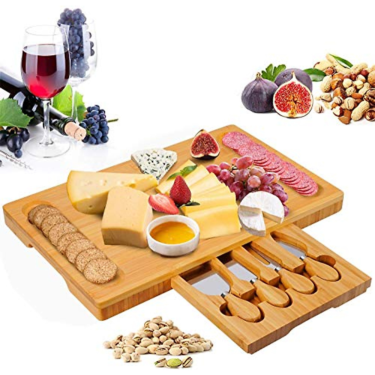 Bamboo Cheese Board Set with Drawer Wooden Charcuterie Tray Platter Including 4 Stainless Steel Knife and Serving Utensils, Gift Idea for Birthdays, Wedding Registry, Housewarming