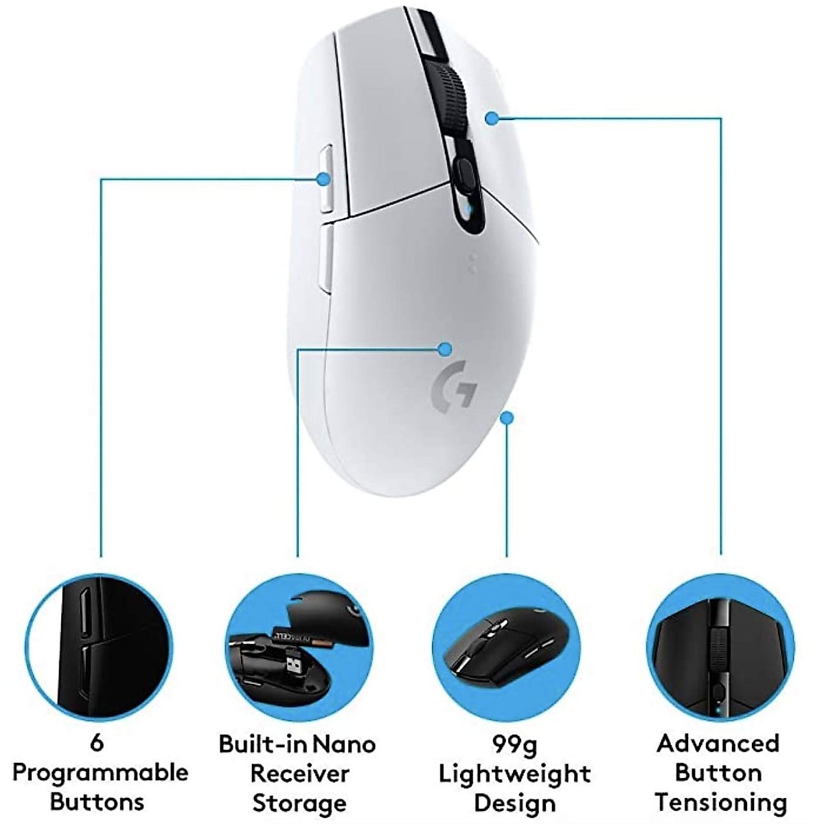 Logitech G305 Lightspeed Wireless Gaming Mouse, HERO Sensor, 12,000 DPI, Lightweight, 6 Programmable Buttons, 250h Battery Life, On-Board Memory, Compatible with PC/Mac - White (Renewed)
