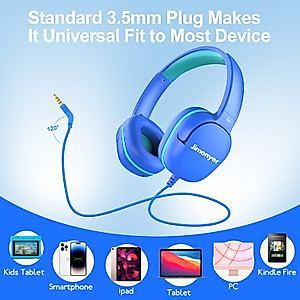 Jimonyer Kids Headphones for School, 3.5mm Jack Wired Headphones for Kids with Safe Volume Limiter, HD Stereo Sound On-Ear Girls Boys Toddler Headphones for Tablet, iPad, Kindle(Blue)