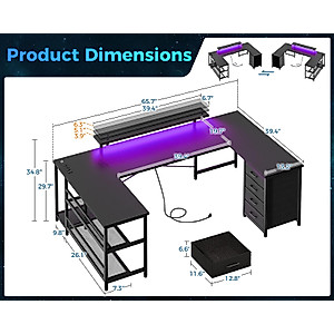 ODK U Shaped Desk with Power Outlets & LED Strip & Monitor Stand, 66" Reversible L Shaped Desk with Drawers and Storage Shelf, Home Office Gaming Desk, Black