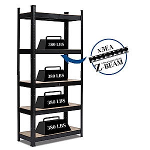 Karl home Garage Shelving Heavy-Duty, 5-Tiers Wide Size Adjustable Metal Shelving Unit Utility Rack Organization for Garage Pantry Basement, 1900lbs,27.6" L x 11.8" W x 59.1" H, Black