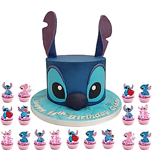 48 Pcs Pink Stitch Party Cupcake Toppers, Pink Girl Stitch Birthday Party Decorations