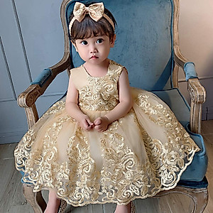 Christening Embroidery Lace Birthday Christmas Easter Flower Baby Girl Dress Princess Formal Prom Tutu Ball Gown 3M Gold B 60