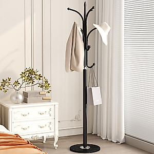 HOMEFORT Metal Coat Rack Stand,Free Standing Hat Hanger with Marble Base,Hall Tree with 12 Hooks for Hanging Hat,Clothes,Bag,Entryway Storage Organizer,Black