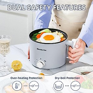 YOOLYQI Electric Hot Pot:1.5 L Ramen Cooker, Dual Power Mini Portable Multi-Functional Lazy Pot for Pasta, Noodles, Egg, Soup, Non-Stick Noodle Cooker with Boil Dry Protection for Dorm, Office (Grey)