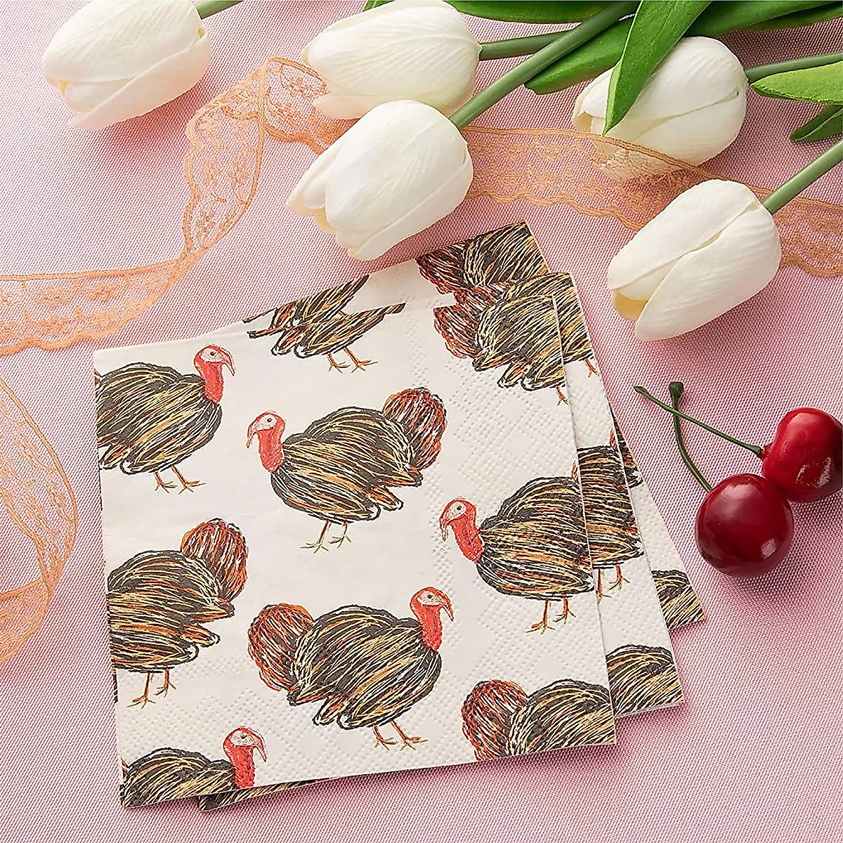 100 Pack Turkey Thanksgiving Cocktail Napkins for Party Supplies (5 x 5 In)