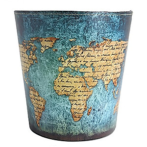 Scakbyer Wastebasket, Retro European Style Household Home Office Round PU Leather Waste Bin Paper Basket Trash Can Dustbin Garbage Bin Waste-Paper Basket Ashcan Ashbin Without Lid - World Map