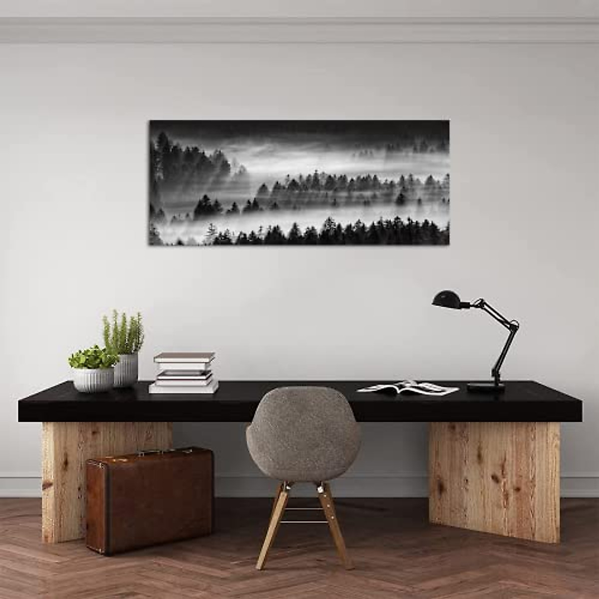 YeiLnm Forest Wall Art for Home Office Misty Pine Trees Foggy Forest Picture Painting Dramatic Dark Black and White Nature Photography Artwork Print on Canvas Home Office Bedroom Decor