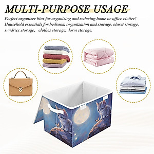 AIXIWAWA Storage Cube with Lid (Night Cute Cat), Fabric Foldable Closet Bins with Flip Lid and Handles, Organizer Basket Container 16.5 x 12.6 x 11.8 IN