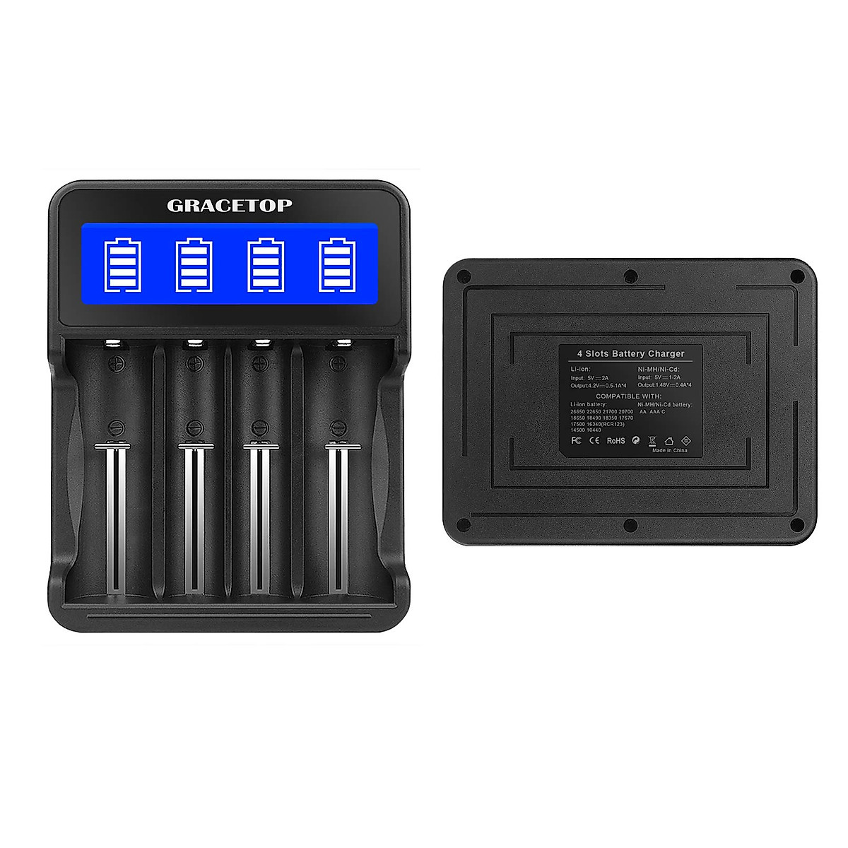 Battery Charger 4 Bay LCD Display for 3.7V/1.2V Rechargeable Battery for Li-ion Batteries