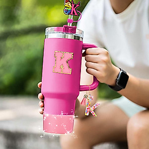 Mity rain 6PCS Cup Accessories Set for Stanley Cup 30oz 40oz, Tumbler Initials Decorations for Stanley, Including Silicone Straw Cover Cap and Boot, Spill Proof Stopper, Handle Charm, Sticker,Letter K