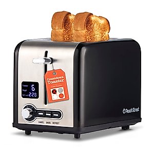 Peach Street 2 Slice Toaster Compact Bread Toaster with Digital Countdown, Wide Slots, Auto-Pop Stainless Steel, 6 Browning Levels, Removable Crumb Tray, with Defrost, Bagel, and Cancel Function