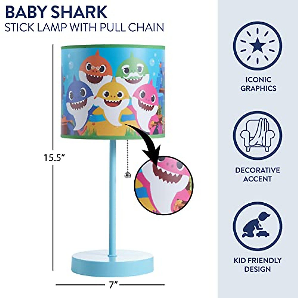 Idea Nuova Baby Shark Stick Table Kids Lamp with Pull Chain,Metal, Themed Printed Decorative Shade