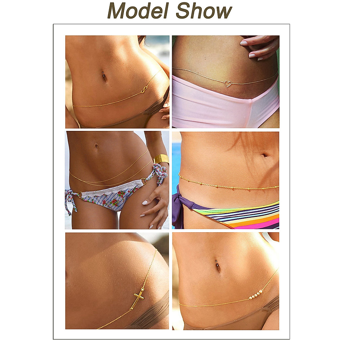 Masedy 12Pcs Sexy Waist Belt Belly Chains for Women Bikini Body Chain Beach Jewelry Set B-Silver tone