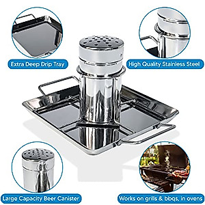 Sheshapho BBQ Beer Can Chicken Roaster Stand - 4 Vegetable Spikes - Stainless Steel Vertical Roasting Holder - for Grill, Oven or Smoker - Complete with Silicone Brush and Pair of Silicone Grips