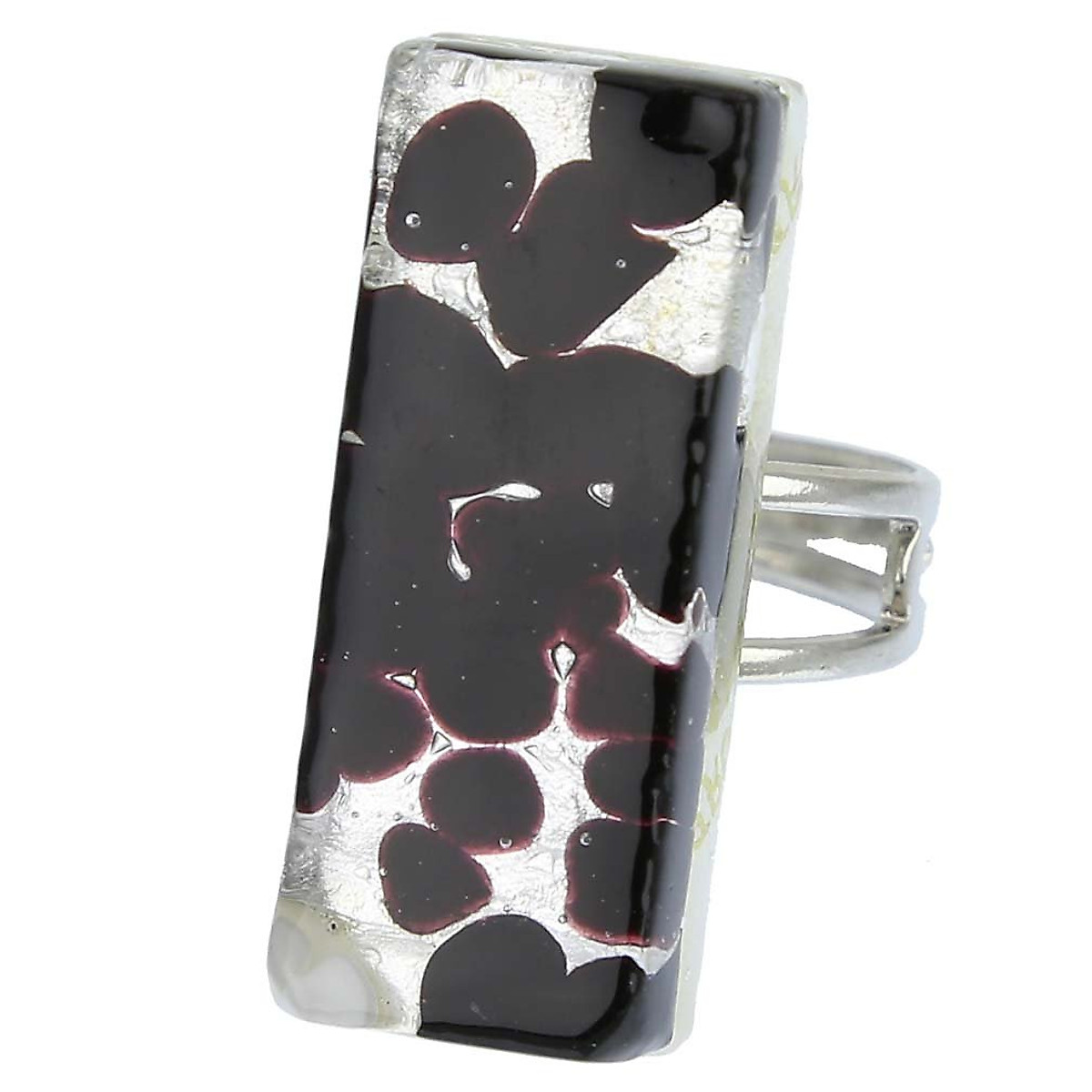 GlassOfVenice Murano Glass Venetian Reflections Rectangular Adjustable Ring - Dark Purple Silver