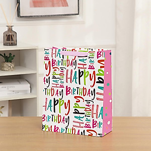 OFIHANLY 12.5" Medium Happy Birthday Gift Bag with Handles for Women,Paper Gift Bags for Her,Girls Kids Baby Shower Pink Paper Bag with Tissue Paper,1Pcs