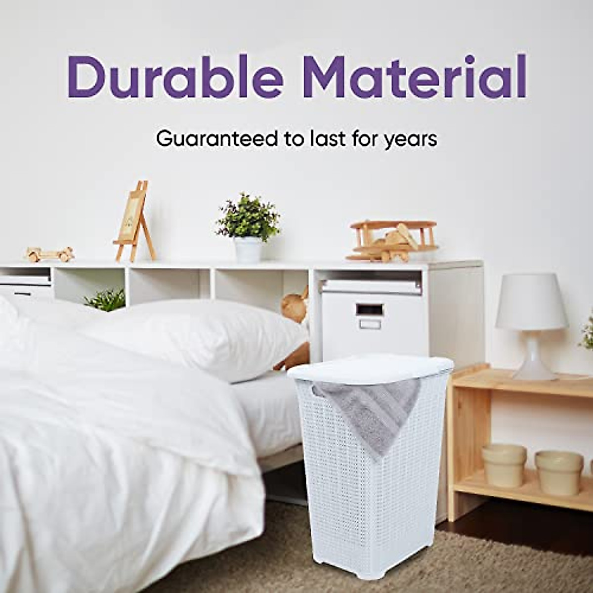 Wicker Laundry Hamper With Lid 50 Liter - White Laundry Basket 1.40 Bushel Durable Bin With Cutout Handles - Easy Storage Dirty Cloths in Washroom Bathroom, Or Bedroom. By Superio
