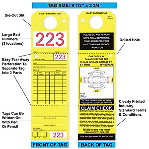 1000 Tags. 3-Part Yellow Valet Parking Tags. Consecutively Numbered and Perforated to Create Valet Claim Ticket and Hang from Rear View Mirror. Perforated Cardstock Key Tag.