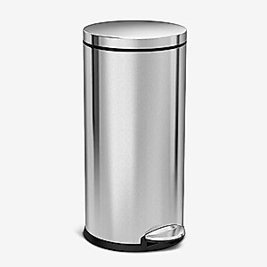 simplehuman 30 Liter / 8 Gallon Round Step Trash Can, Brushed Stainless Steel & Gallon Round Bathroom Step Trash Can, 4.5 Liter / 1.2 Gallon, Brushed Stainless Steel
