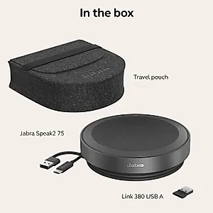 Jabra Speak2 75 Wireless Bluetooth Speakerphone - Portable Speaker with 4 Noise-Cancelling Mics, 65mm Full-Range Speakers & USB-A Bluetooth Adapter - Certified Microsoft Teams Speaker - Dark Grey