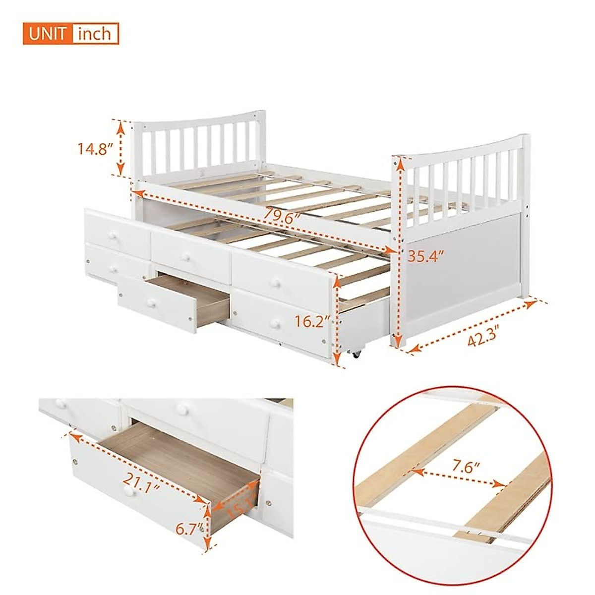 FLOYINM Bed Frame Captain's Bed Twin Daybed Bed Frame with Storage Drawers Trundle Bed for Bedroom Home Furniture