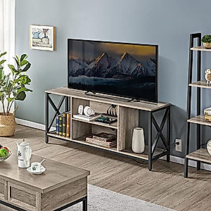 Yaheetech TV Stand for 65 Inch TV, Industrial Entertainment Center TV Console with Power Outlets, Modern TV Cabinet with Open Storage Shelves for Living Room, Gray