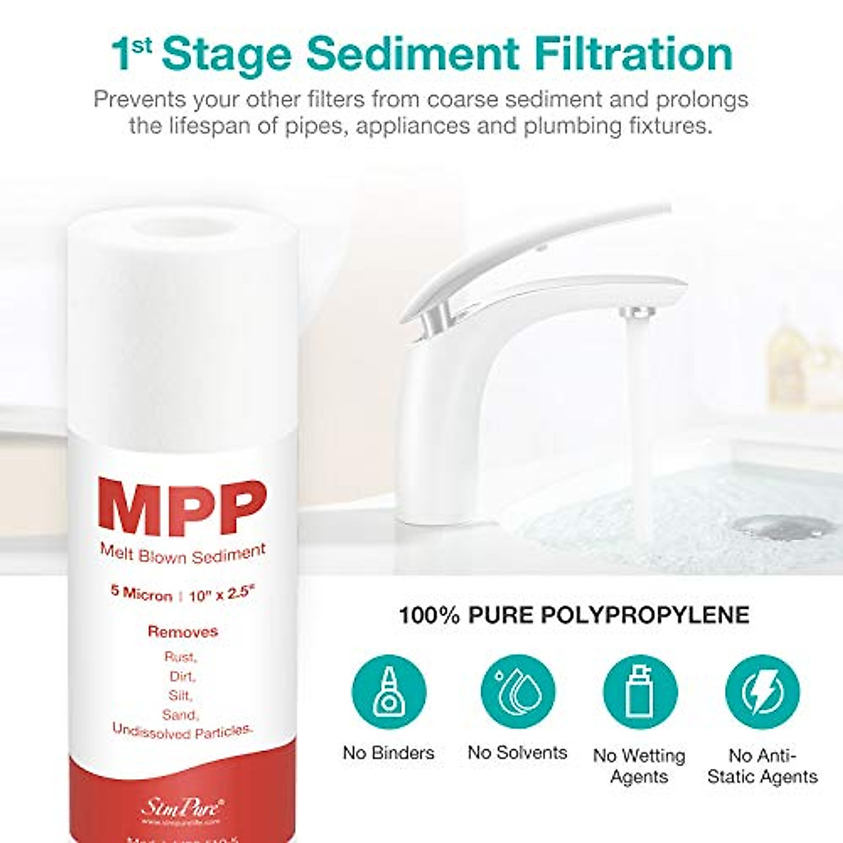 SimPure SP5-RO100 6-Stage Reverse Osmosis Replacement Filter Set with Alkaline Mineral Filter, Complete Filter Set for 100 GPD Standard 6-Stage Reverse Osmosis RO Water Filtration Systems, 6 Pieces