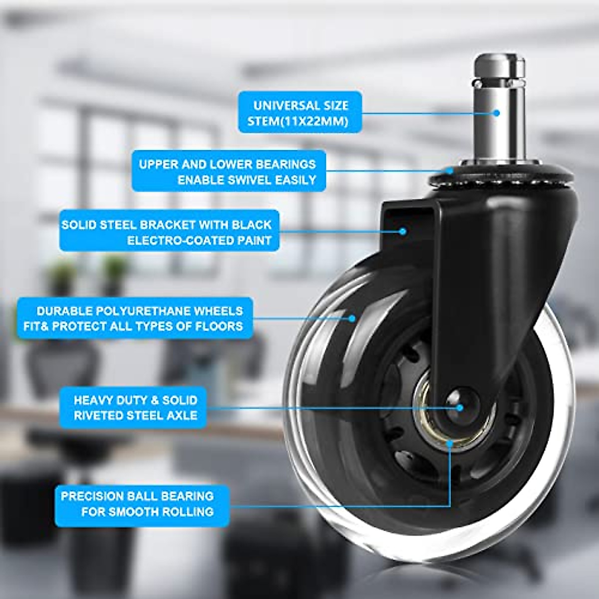 Hirate Office Chair Caster, 3" Computer Desk Chair Replacement Set of 5 Heavy Duty Protection for All Floors, Universal Stem 11mm (7/16" x7/8")