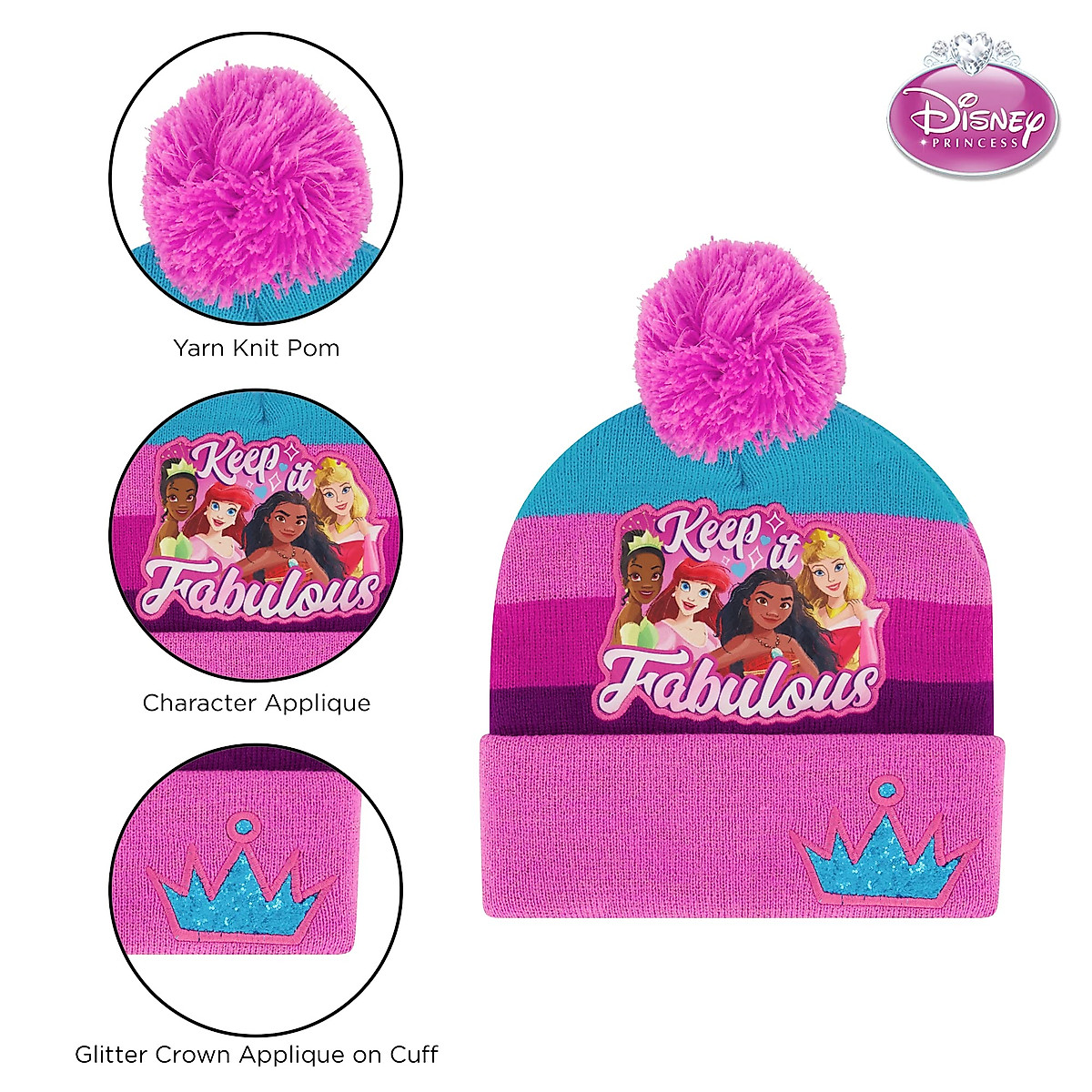 Disney Girls Winter Hat with Knit Gloves and Insulated Ski Glove Set, Princess For Ages 4-7