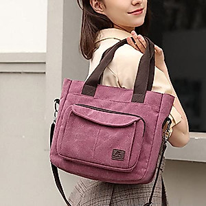 SUKUTU Ladies Canvas Tote Handbags Multi Pockets Satchel Large Capacity Stylish Top Handle Shoulder Bag