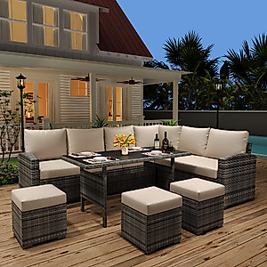 GAOMON 7 Piece Outdoor Sectional Sofa with Dining Table, Outdoor Sectional Dining Table Set, Outdoor Furniture with Wicker Rattan Dining Table with Ottoman, Beige