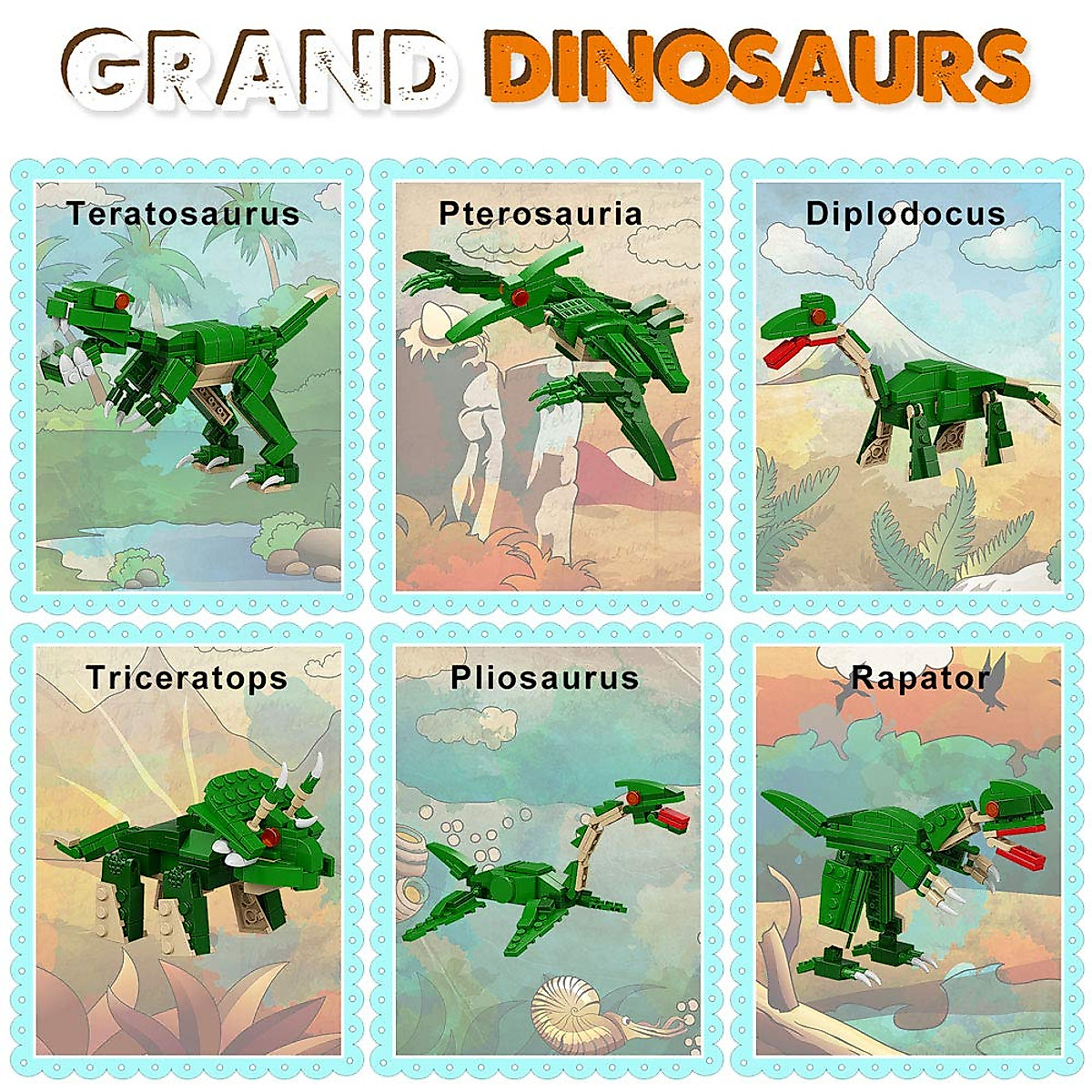 GARUNK 6 in 1 Mighty Dinosaurs Building Blocks Set, Build It Yourself Dinosaur Set, Create a Ceratosaurus, Pterosaur, Diplodocus, Triceratops, Allosaurus, Raptor, for Kids (673 Pieces)