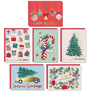 Christmas Cards Set - 24 Gold Foil Holiday Cards with Red Envelopes – 6 Assorted Designs Boxed for Easy Storage - 4.25 x 5.75, Bulk Greeting and New Years Decor Sheets