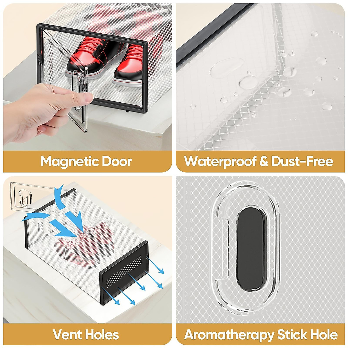 BALEINE 12 Pack Stackable Shoe Storage Boxes Fit Size 9, Thickened Clear Shoe Box Bins with Lids, Plastic Foldable Shoe Rack Organizer Sneaker Storage Containers (Large, Black)